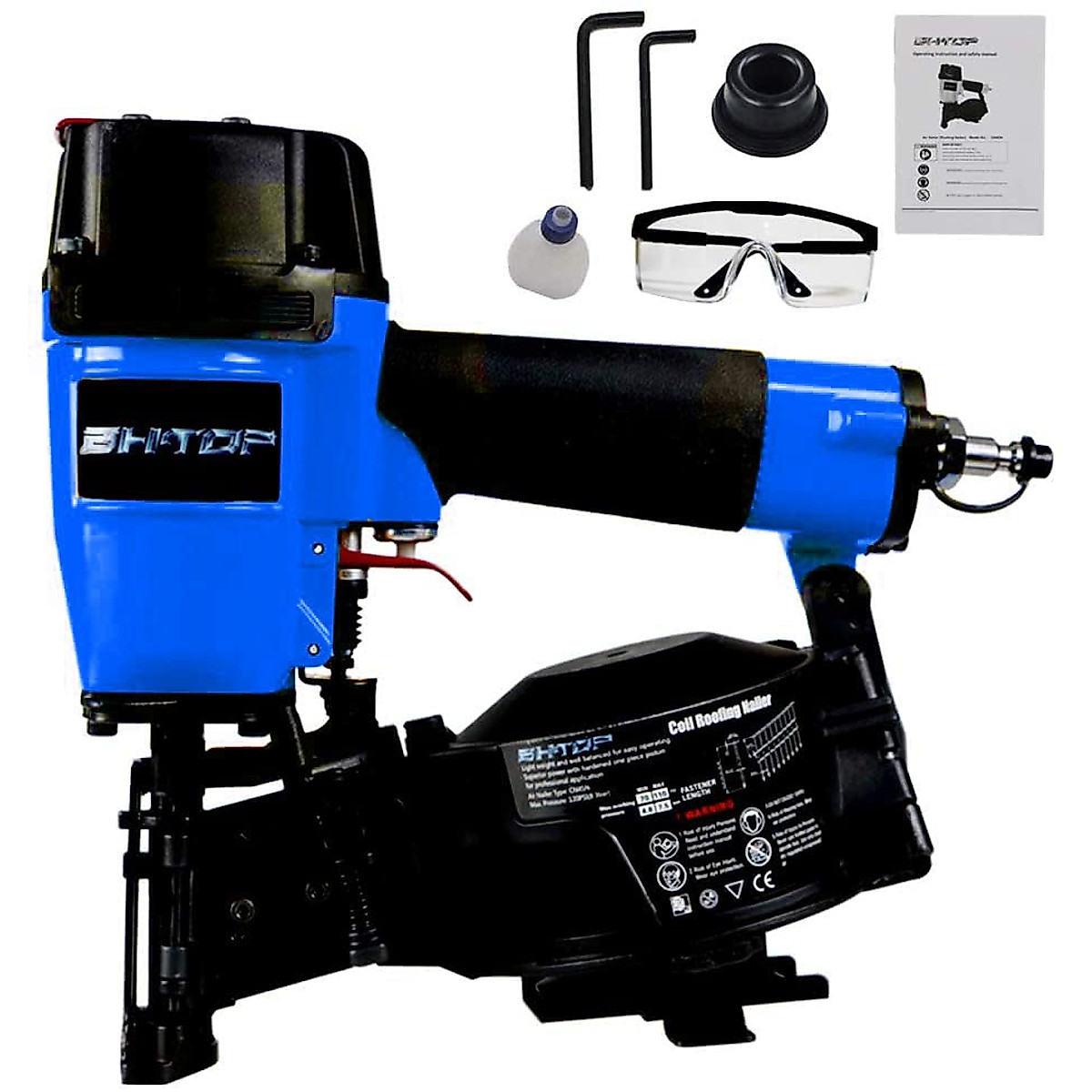 BHTOP CN45N Roofing Nailer, 15 Degree Roofing Nail Gun, 3/4-Inch to 1-3/4-Inch Coil Nails, 120-pcs Load Capacity Coil Nailer in Blue
