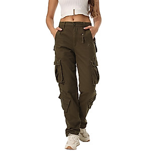 Raroauf Tall Girls Casual Pants for Women's Mid-Rise Cotton Work Cargo Pants Y2K Baggy Tactical Combat Trousers 8 Pockets Army Green Size 44/US 22