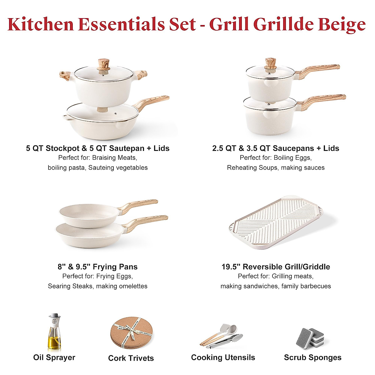 Caannasweis Marble Stone Nonstick Cookware Set - Granite Frying Pans for Kitchen Cooking Essentials (Grillde Beige)