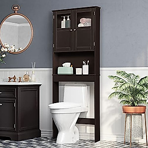 VINGLI Bathroom Over The Toilet Organizer Behind The Toilet Storage Organizer with Double Acrylic Glass Doors Adjustable Shelf Free Standing Wooden Space Saver Collect Home Furniture Decor