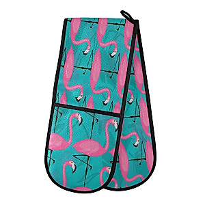 ZZXXB Pink Flamingo Double Oven Mitt Heat Resistant Non-Slip Kitchen Gloves Extra Long 7" x 35" for Cooking Baking Barbecue Grilling