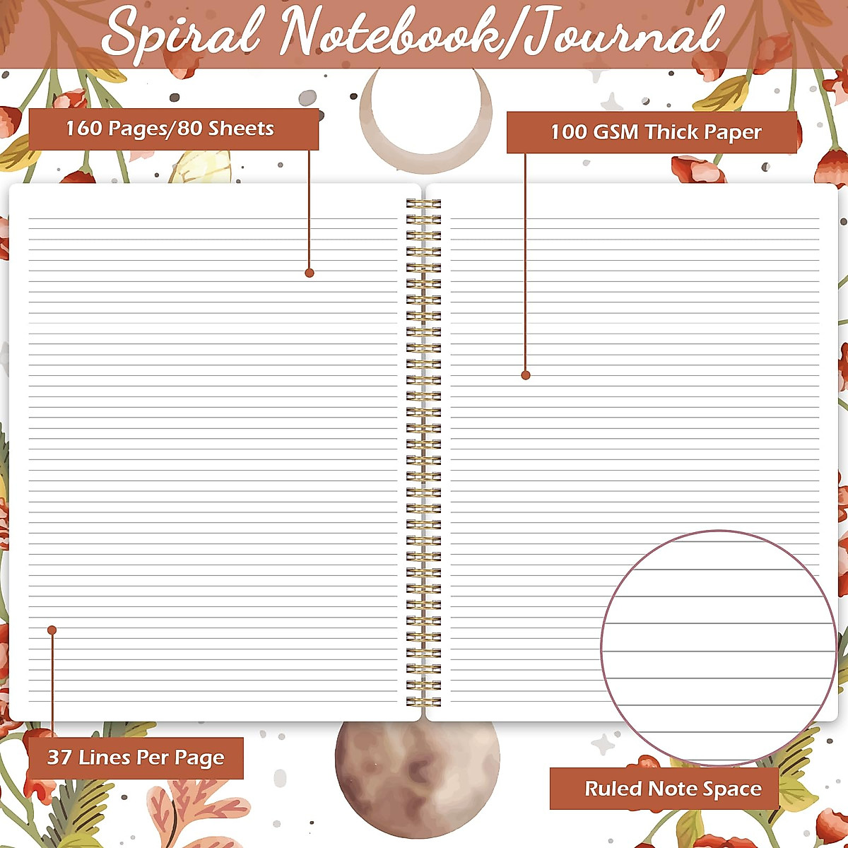 Spiral Notebook - Notebooks Spiral Bound with Back Pocket, Lined Journal Notebook, Spiral Journal for Women, 8.5" x 11", 144 Pages, College Ruled Writing Notebook, 100gsm Paper, for Office & School