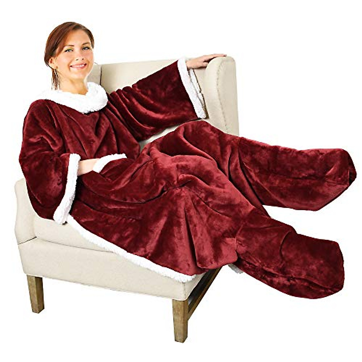Catalonia Sherpa Wearable Blanket with Sleeves & Foot Pockets for Adult Women Men, Comfy Snuggle Wrap Sleeved Throw Blanket Robe, Gift Idea, Wine