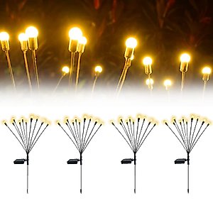 MOTEERLLU 4 Pack 10 LED Solar Powered Firefly Lights,Outdoor Waterproof Decorative String Lights,Starburst Swaying Garden Lights for Path Landscape,Swaying When Wind Blows (4 PC,Warm White)