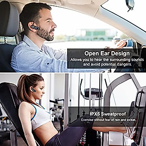 Bone Conduction Headset, Open-Ear Wireless Bluetooth Earpiece with LED Power Display Microphone, Single Right Ear Headphone Voice Control for Cell Phone Sweatproof Earphone for Driving/Sport Black