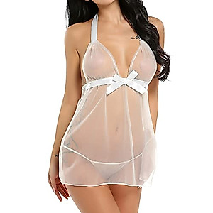 Tuianres Women Plus Size Lingerie Front Bow Closure Babydoll Temptation Exotic Slutty V Neck Mesh Sleepwear for Sex Naughty