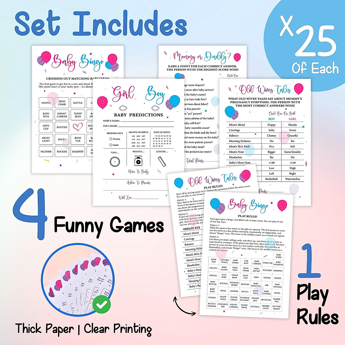 WOODAMORE Baby Gender Reveal Games for Guests - 4 Funny Baby Shower Games for Gender Reveal Party Decoration, Baby Shower Bingo Game, Boy Or Girl Gender Reveal Baby Prediction Cards, Old Wives Tales