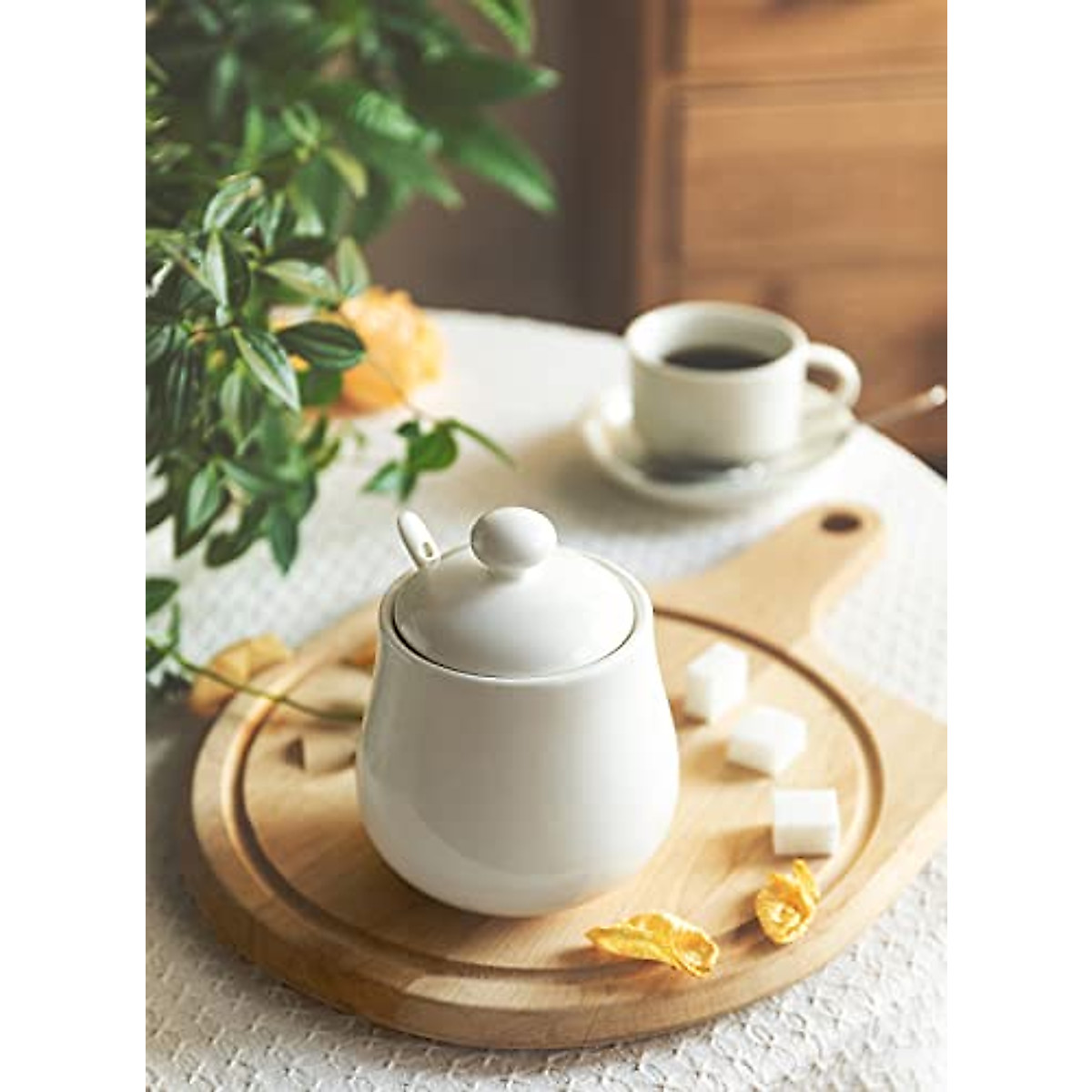 Sweese 12 Ounce Porcelain Sugar Bowl, Sugar Canister with Spoon and Lid for Home and Kitchen, White - 481.101
