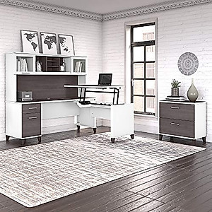 Bush Furniture Somerset 72W 3 Position Sit to Stand L Shaped Desk with Hutch and File Cabinet in White and Storm Gray
