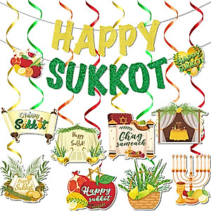 Happy Sukkot Banner Happy Sukkot Hanging Swirls Sukkot Banners Sukkot Hanging Decorations Sukkot Glitter Foil Ceiling Swirls Streams Sukkah Decorations for Jewish Holiday