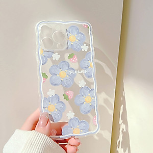 Ownest Compatible for iPhone 13 Pro Max Clear Case 6.7 Inch with Flower Cute Strawberry Lace Design for Girls Woman TPU Protective Slim Shockproof Floral Case for iPhone 13 Pro Max-Blue