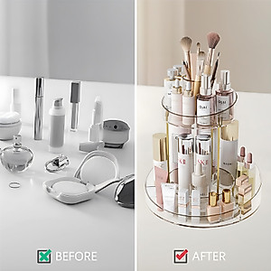 XING ZHONG Rotating Makeup Organizer, 2 Tier Spinning Makeup Countertop Organizer for Vanity with Makeup Brush Holder, Large Skincare Make Up Storage Perfume Organizers for Bathroom Counter