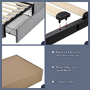 Allewie Upholstered Full Size Platform Bed Frame with 4 Storage Drawers and Headboard, Square Stitched Button Tufted, Mattress Foundation with Wooden Slats Support, No Box Spring Needed, Light Grey