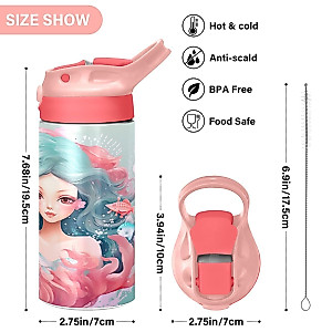 Nander Mermaid Insulated Water Bottle with Straw Lid for Kids, Vacuum Stainless Steel Metal Water Bottles for Toddlers, Leak Proof BPA-Free Water Flask Tumbler