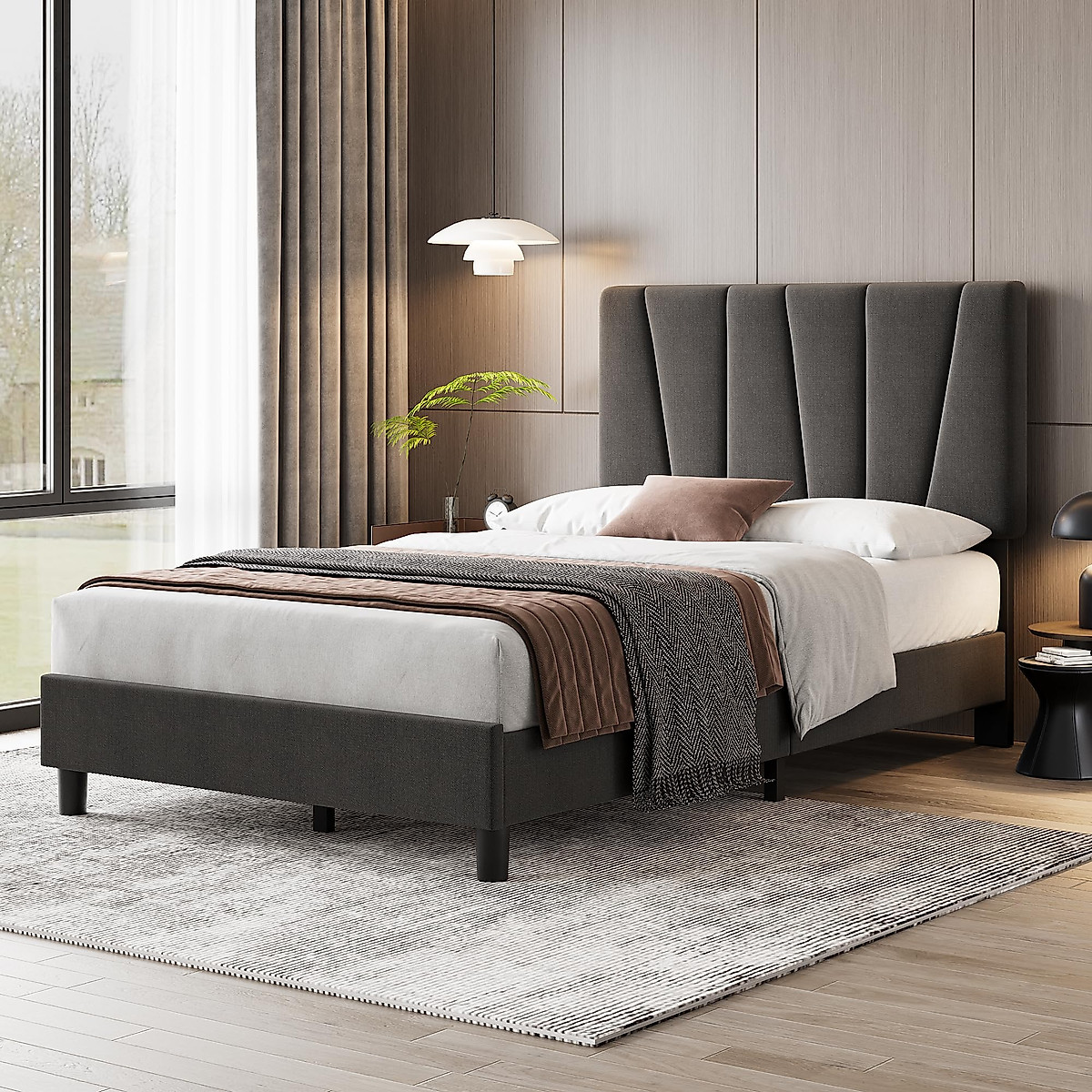 GarveeHome Twin Size Bed Frame with Adjustable Headboard, Linen Upholstered Twin Platform Bedframe with Strong Wooden Slats, Mattress Foundation, No Box Spring Needed, Easy Assembly, Dark Grey