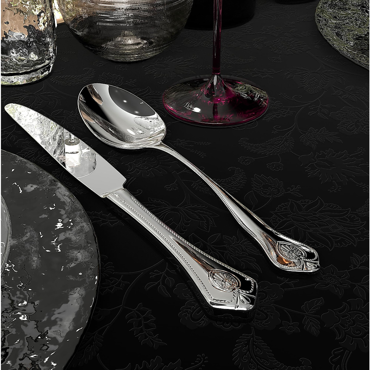 Regent Bead Flatware Set, 20-Piece Stainless-Steel Luxury Silverware Set Service for 4, Pearled Edge Tableware Cutlery Include Knife Fork Spoon, Dishwasher Safe