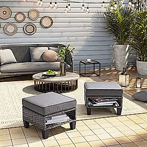 JOINHOM 2 Pieces Outdoor Patio Wicker Ottoman,Indoor Rattan Footrest Seat with Removable Comfortable Cushions, for Bedroom, Living Room,Balcony, Backyard, Garden