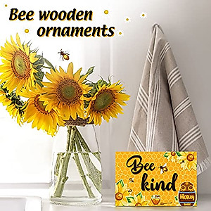 Jetec 2 Pieces Bee Happy Wood Sign Bee Kind Wood Decor Bee Sign Rustic Wooden Wall Decor Bee Wooden Sign Farmhouse Bee Box Signs Bee Happy Wooden Plaque for Home Party Door Decoration