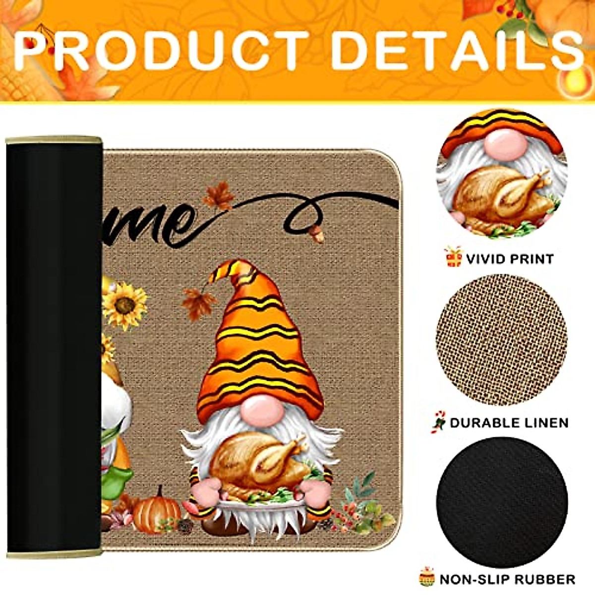 TREWAVE Fall Welcome Decorative Doormat Gnome Non-Slip and Washable Door Mat Pumpkin Sunflower Turkey Maple Leaf Fall Harvest Thanksgiving Floor Mat Indoor Outdoor 17 x 29 Inch