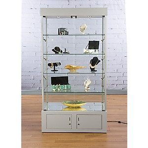 Displays2go, Tall Glass Showcase, Aluminum, Tempered Glass, Melamine – Silver, Clear (SMPLTW02SV)