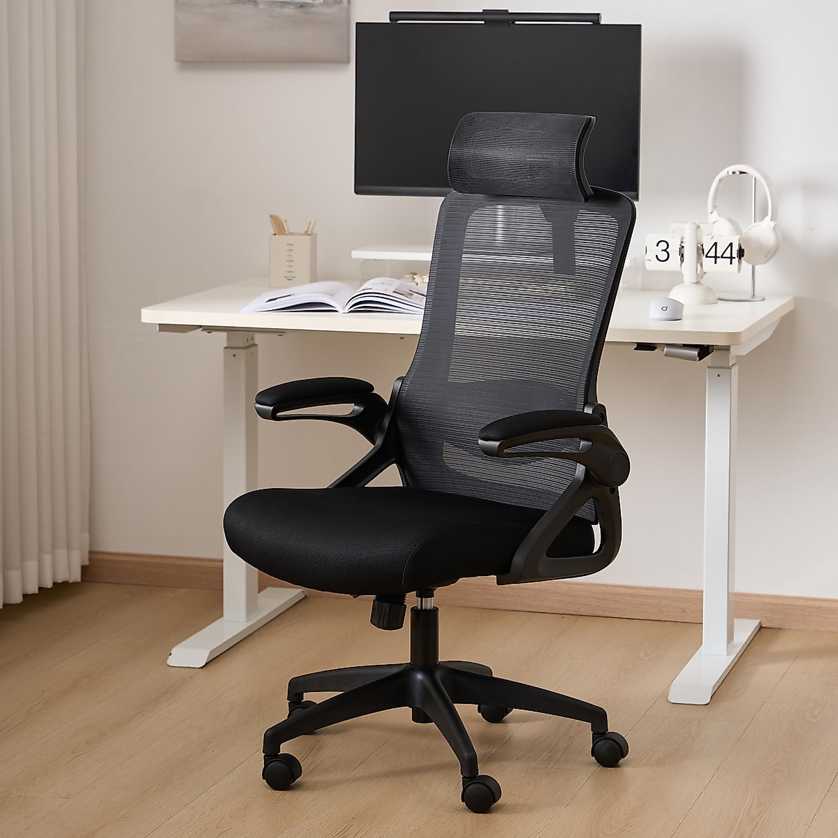Voohek Ergonomic Swivel Office Wheels and High Breathable Mesh Back, Height Adjustable, Computer w/Flip Up Arms, Lumbar Support & Headrest, Black Chair