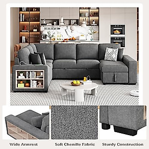 Acosure 109" U-shaped Sectional Pull-out Sofa Bed with Storage Chaise,2-in-1 Convertible Couch W/ 4 Back Pillows & 2 USB Ports,Luxurious Sleeper Furniture Set for Living Room Large Space,Grey Chenille
