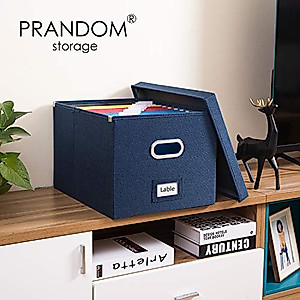 PRANDOM File Organizer Box - Set of 2 Collapsible Decorative Linen Filing Storage Hanging File Folders with Lids Office Cabinet Letter/Legal Size Navy Blue (17x14x11.2 inch)