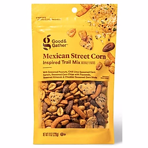 H&J Good & Gather Mexican Street Corn Inspired Trail Mix. With Seasoned Peanuts, Chili Lime Seasoned Corn Kernels, Corn Chips with Flaxseeds, Almonds & Cheddar Seasoned Corn Sticks. 8 Oz. (1Pack)