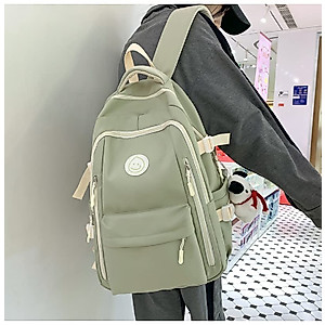 MININAI Preppy Backpack with Cute Pendant Women Smile Face Laptop Backpack Kawaii Lightweight Aesthetic College Backpack (Sage Green,One Size)