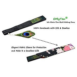 OMyTea Hand Held Folding Fan for Women Peacock Chinese Japanese Oriental Asian Style - for Wedding, Dancing, Church, Party, Gifts (Green)