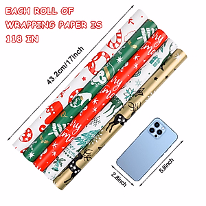 KIMOBER 5 Rolls Christmas Wrapping Paper with Cut Lines on Reverse,Colourful Coated Paper with Cartoon Xmas Elements(17in×118in Per Roll)