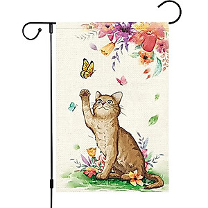 Spring Garden Flag Cat 12x18 Double Sided, Burlap Small Welcome Flower Flraol Garden Yard Flags Vertical Seasonal Outside Outdoor House Decoration (Only Flag)