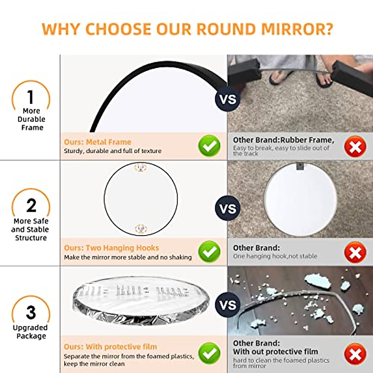 A.T.Lums 24 Inch Black Round Mirror, Wall Mounted Circle Mirror with Metal Frame, Suitable for Bathroom, Vanity, Entryway, Living Room, Wall Decor