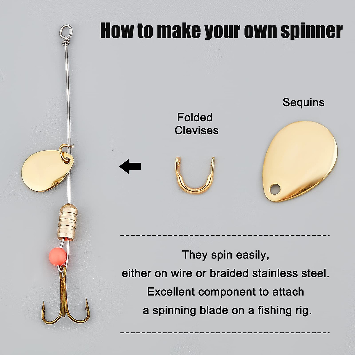 SUPERFINDINGS 380PcsS 2 Colors Spinning Bait Kit Includes 280Pcs Fishing Attractor Spinner Blades and 100Pcs Brass Fishing Clevis Spinner Spinnerbait Clevis for Fishing Lures Making Accessories