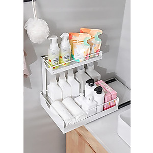 KINGPOUL Under Sink Organizers-2-Tier L-Shape Heavy Duty Metal Smooth Slide Out Pull Out Drawers for Under Cabinet Storage Around Plumbing, Under Kitchen Bathroom Sink Organizers and Storage（White