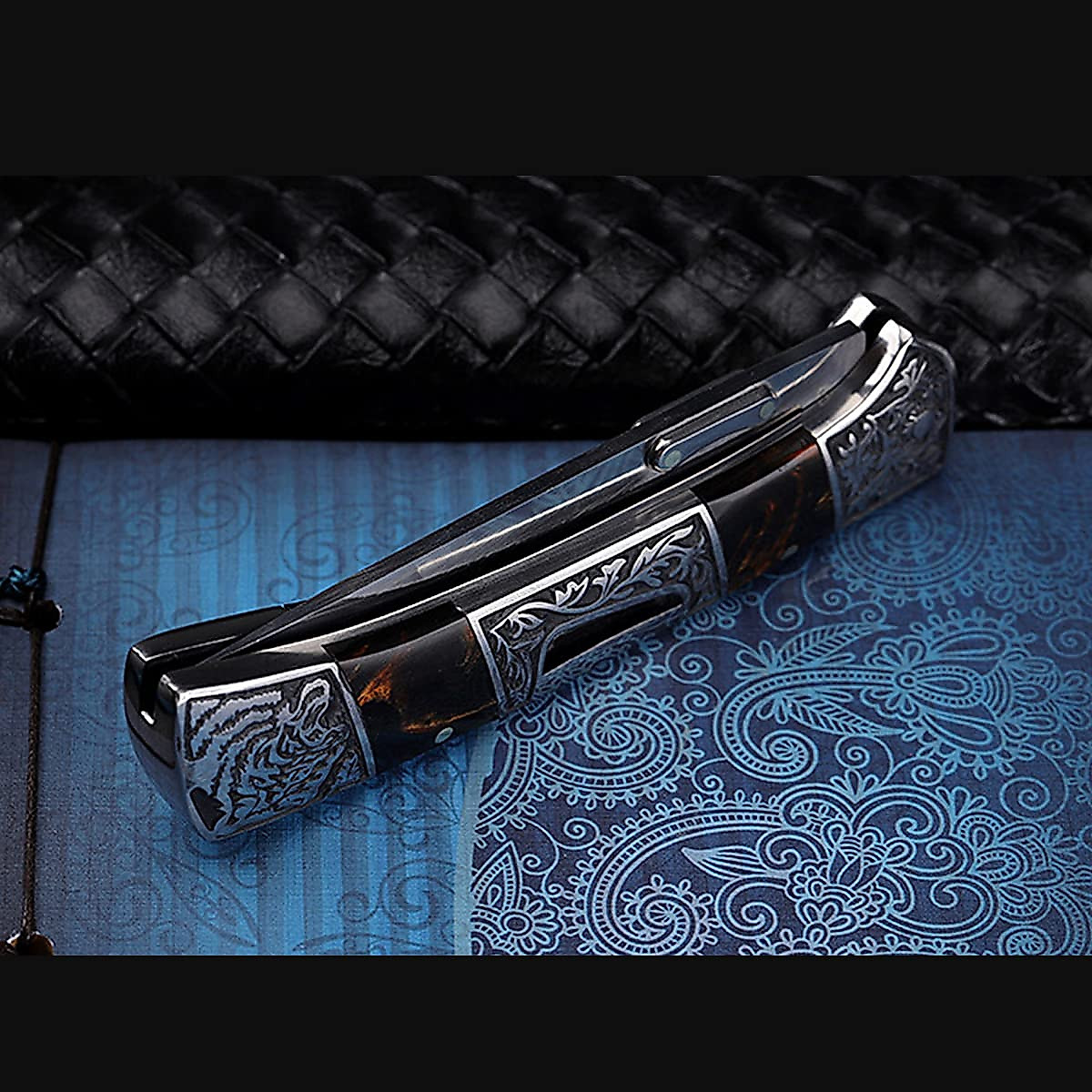 LANFED Pocket knife for Men, 3.5 inch Folding Knife with Back Lock, Engraved Unique Resin Handle, Cool Knives for Fishing, Hunting, Camping Gifts for Men