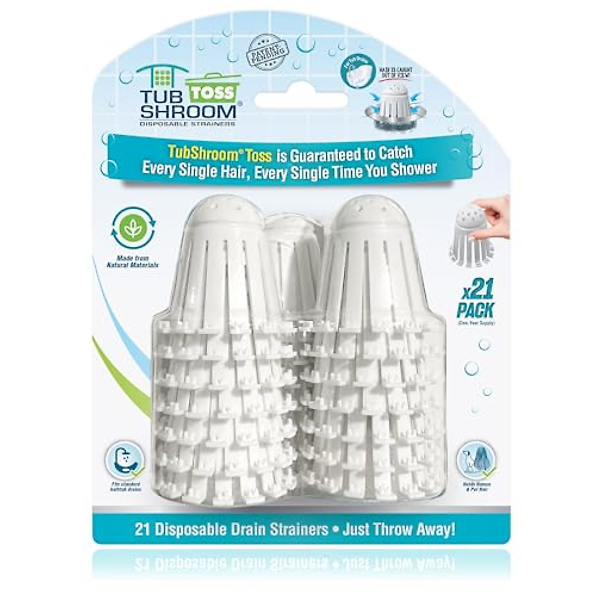TubShroom Toss 21pk Disposable Bath Tub Drain Strainers - Hair Catcher Snare for Shower Bathtub to Prevent Clogged Drains, Traps Human and Pet Hair, One Year Supply (White)