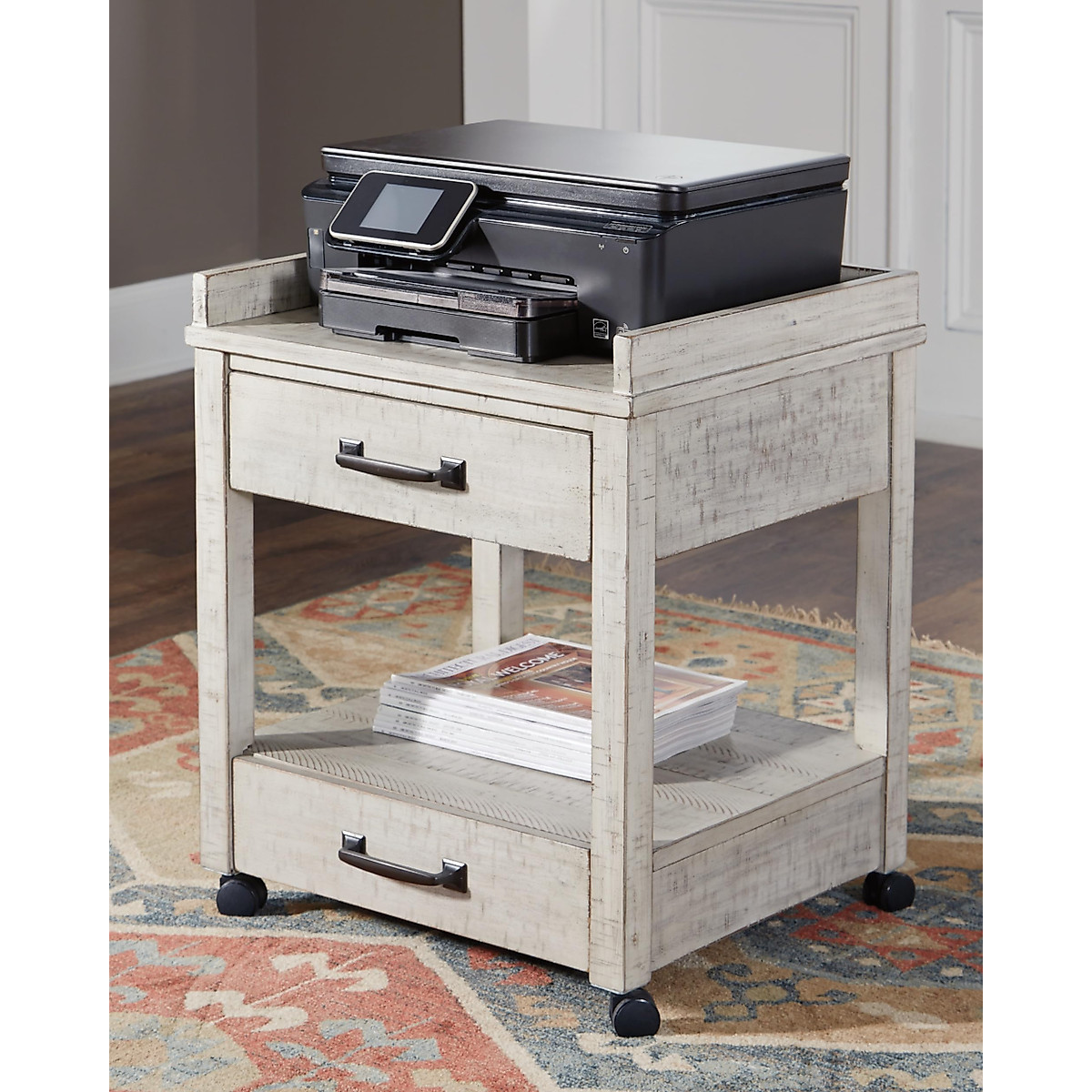 Signature Design by Ashley Carynhurst Rustic Farmhouse Printer Stand with Casters, Whitewash