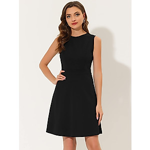 Allegra K Women's Work Dress Round Neck Solid Color Sleeveless A-Line Casual Office Dresses Large Black