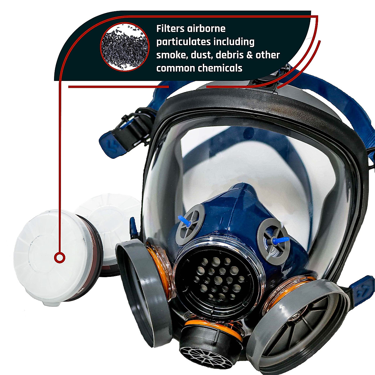 PD-100 Full Face Organic Vapor & Particulate Respirator - Dual Activated Charcoal Filtration - Full Face Eye Protection Mask