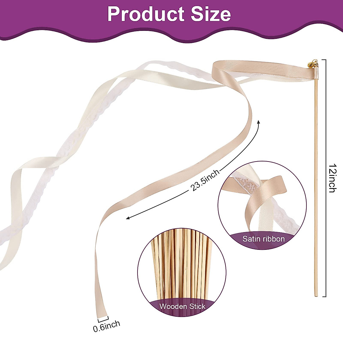 Sumind 40 Pieces Ribbon Wedding Streamers with Bells, Lace Fairy Wand Stick Party Ribbon Streamers Chromatic Silk Streamers for Party, Birthday and Holiday (Champagne)