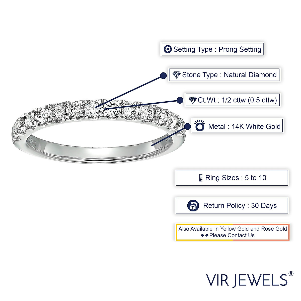 Vir Jewels 1/2 carat (ctw) Diamond Wedding Anniversary Band for Women, Half Eternity Round Diamond Engagement Ring 14K White Gold Prong Pave Set 0.50 cttw, Size 7
