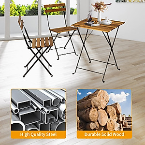 BLKMTY Folding Patio Bistro Set 3-Piece Outdoor Patio Furniture Sets Folding Table and Chairs Wood Bistro Set Balcony Cafe Table Square Patio Table Chair for Porch, Garden, Backyard, Nature