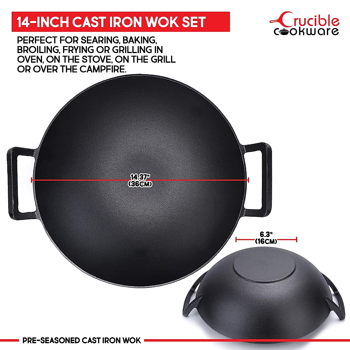 Crucible Cookware 14-Inch Cast Iron Wok Set (Pre-Seasoned), Glass Lid & Silicone Hot Handle Holders