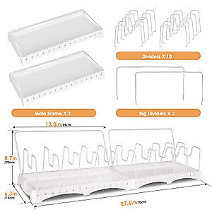 Zvonema ZNM Pan Organizer, Expandable Pot and Pan Organizer for Cabinet, Pots Lid Organizer Rack Holder with 10 Adjustable Compartment for Kitchen Pantry Storage, White