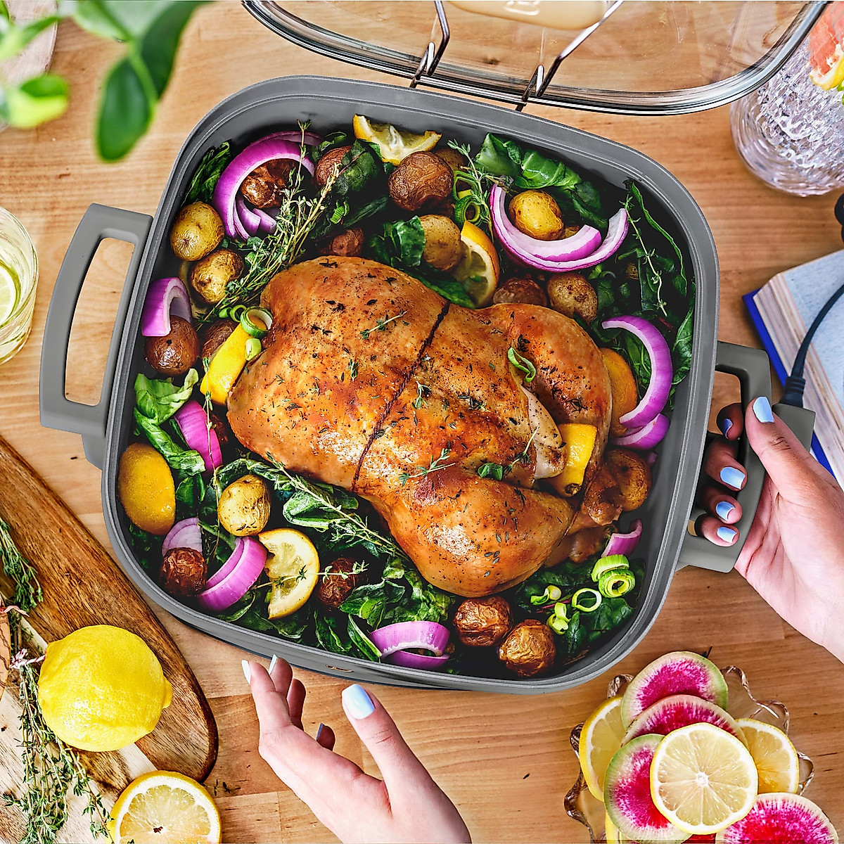 5-in-1 Electric Expandable Skillet, Oyster Grey by Drew Barrymore, Up to 7 QT