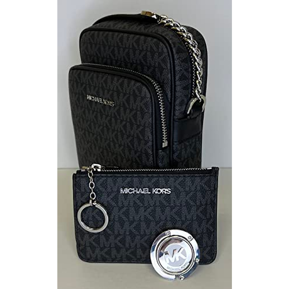 Michael Kors Jet Set Travel Medium Logo Crossbody bundled SM TZ Coinpouch & Purse Hook (Signature MK Black)