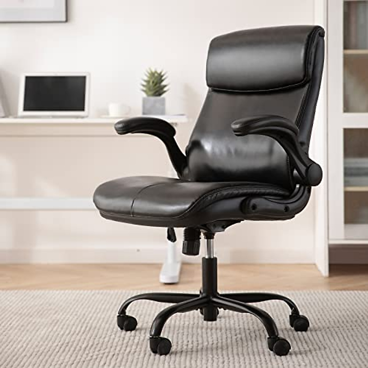 COLAMY Office Chair High Back Executive Computer Desk Chair, Ergonomic Home Office Chair with Padded Flip-up Arms, Adjustable Height and Tilt, Swivel Task Chair with Thick Leather, 1 PC