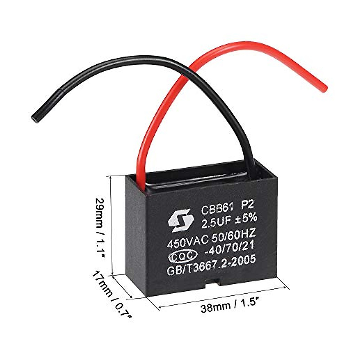 uxcell Ceiling Fan Capacitor CBB61 2.5uF 450V AC 2 Wires Metallized Polypropylene Film Capacitor 38x29x17mm for Electric Fan Pump Motor Generator 3Pcs