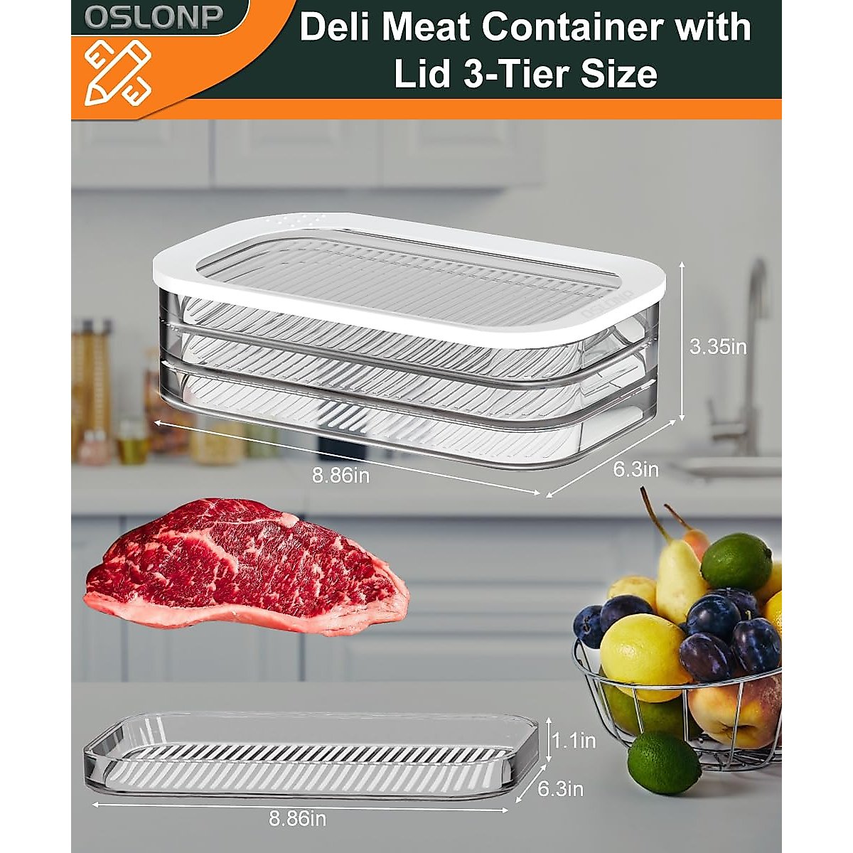 Deli Meat Container for Fridge,Lunch Meat Container for Refrigerator,Lunch Meat Cheese Container for Refrigerator,Stackable Food Storage Boxes With Lid Cold Cuts ,Salami,Bacon ,BPA Free,18.6oz 3 Pack